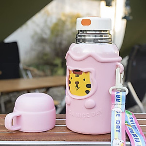 17 oz Kids Insulated Water Bottles with Sleeve - BPA Free Leakproof Sport stainless steel Motivational Water Bottle with Straw & Strap & Insulated Neoprene Holder Great Gift for Kids Women Men (Pink)