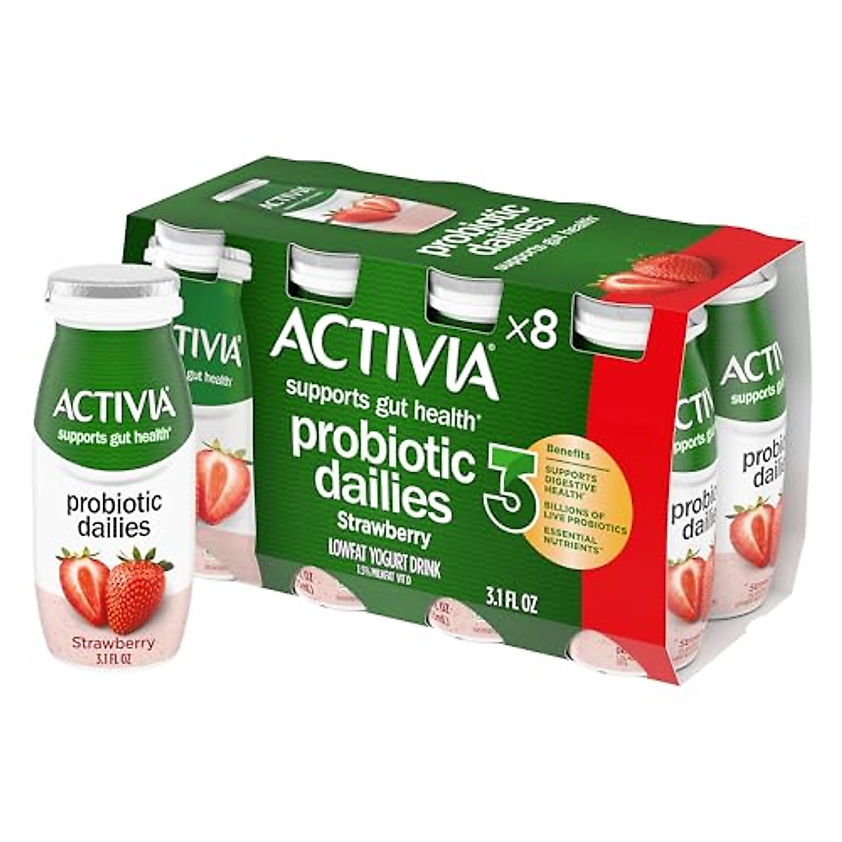 Activia Probiotic Dailies Strawberry Lowfat Yogurt Drinks, Delicious Daily Probiotic Yogurt Smoothie Drinks to Help Support Gut Health, 8 Ct, 3.1 FL OZ