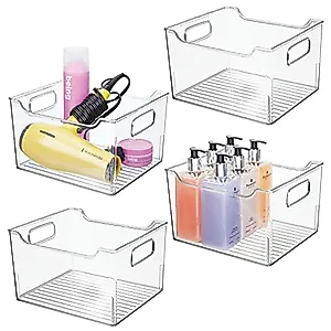 mDesign Large Deep Plastic Storage Bin with Handle for Bathroom/Vanity Organization - Countertop Makeup Organizer - Organization for Shelf, Cabinet, and Closet Decor - Ligne Collection, 4 Pack, Clear