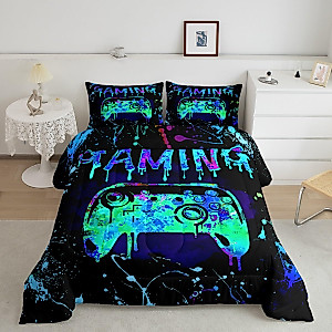 Erosebridal Twin Gamer Bedding Sets for Boys Gaming Comforter Sets for Boys Girls Teens Video Gamer Room Decor,Gamepad Controller Gamer Comforter Set Black Teal Blue Tie Dye Bed Set 2Pcs