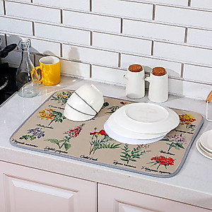 18 x 24 Inch Kitchen Drying Mat Flower Herbs Dish Drying Mats for Kitchen Counter Dish Drying Pad Plant Absorbent Reversible Microfiber Leaves Plant Dish Mat for Drainer Rack Coffee Bar Decor