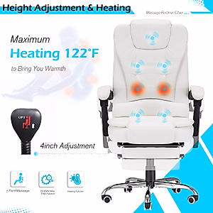 YODOLLA Executive Office Chair with 7 Points Massage&Heat Function, High Back Office Chair w/Footrest Reclining Swivel Home Office Chair, PU Leather Desk Chair, White
