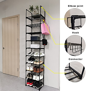ZILJJ Metal Shoe Rack 10 Tiers Tall Narrow Shoe Rack for Closet Entryway, Space Saving Shoe Shelf Organzier Storage for 20-24 Pairs, Sturdy Stackable Shoe Rack with Hooks