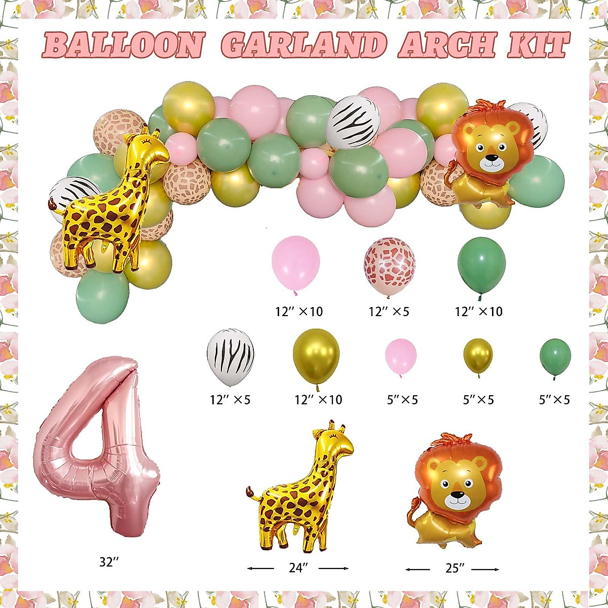 Fiesec Four Ever Wild Birthday Decorations Girl, Jungle Safari Animal Theme 4th Party Decorations Backdrop Balloons Garland Banner Cake Cupcake Topper Poster Crown Lion Cheetah Giraffe Pink 117 PCs