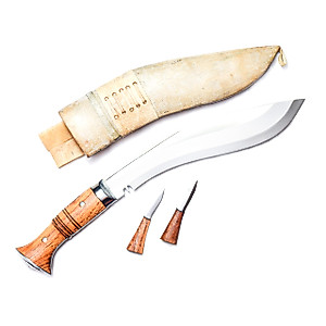 MASUM 10” Blade Operation Kukri, Panawal Full Tang Gurka Khukri, Double Fuller Sharp Blade Khukuri, Beige Leather Scabbard w/ 2 extra utility knives, Handmade in Nepal Khukri