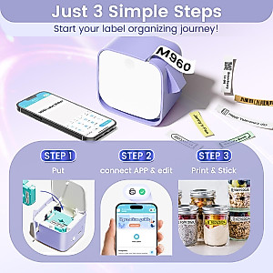 Vixic Label Maker Machine, Bluetooth Labeler, Inkless & Portable Min Label Maker, 12mm 0.47'' Labeling Tapes, Easy to Use, Multiple Icons for Home School Organizing, Rechargeable, M960 Purple