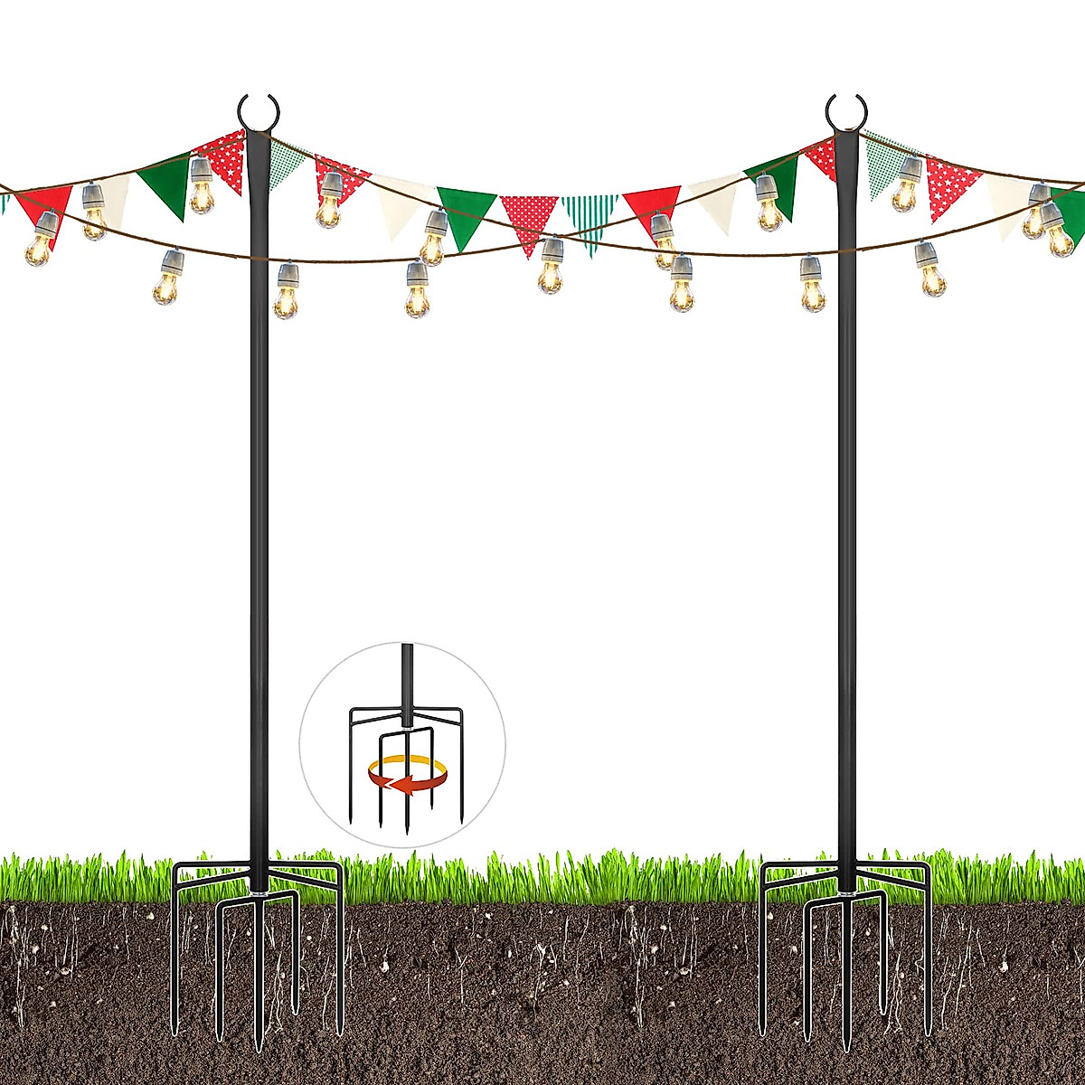String Light Poles for Outside, 2 Pack 9ft 5 Prong Base Poles for Outdoor String Lights with Hooks- Garden, Backyard, Patio Light Poles for Wedding Party Deck Christmas