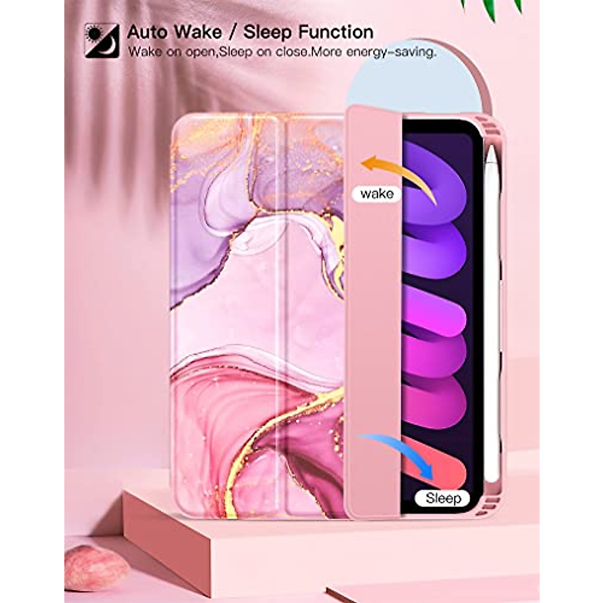 ZtotopCases for New iPad Mini 6 Case 2021, Shockproof iPad Mini 6th Generation Case with Pencil Holder, Auto Sleep/Wake, Premium Protective Smart Cover for iPad Mini 6th Gen 8.3 inch, Marble Pink