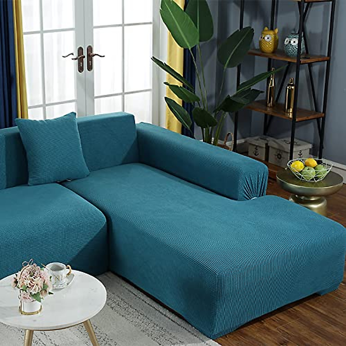 TVPFM Velvet Plush L Shape Sofa Cover L Shape Sectional Couch Cover,1 2 3 4 5 Seater Stretch Sofa Slipcover for Pets Dogs Furniture Protector with Elastic Bottom-Lake Blue 4 Seater 235-30