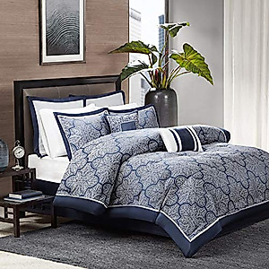 Madison Park Medina Comforter Set-Casual Jacquar Damask Design All Season Cozy Bedding, Matching Bedskirt, Shams, Decorative Pillows, Queen (90 in x 90 in), Damask Navy 8 Piece