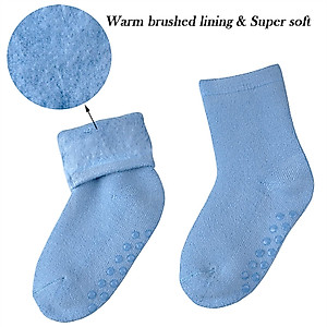 JORMATT 6 Pairs Toddler Thick Thermal Crew Socks Baby Winter Socks Boys Warm Fleece Socks Girls Cute Slipper Socks with Non Slip Girps,2-4 Years L