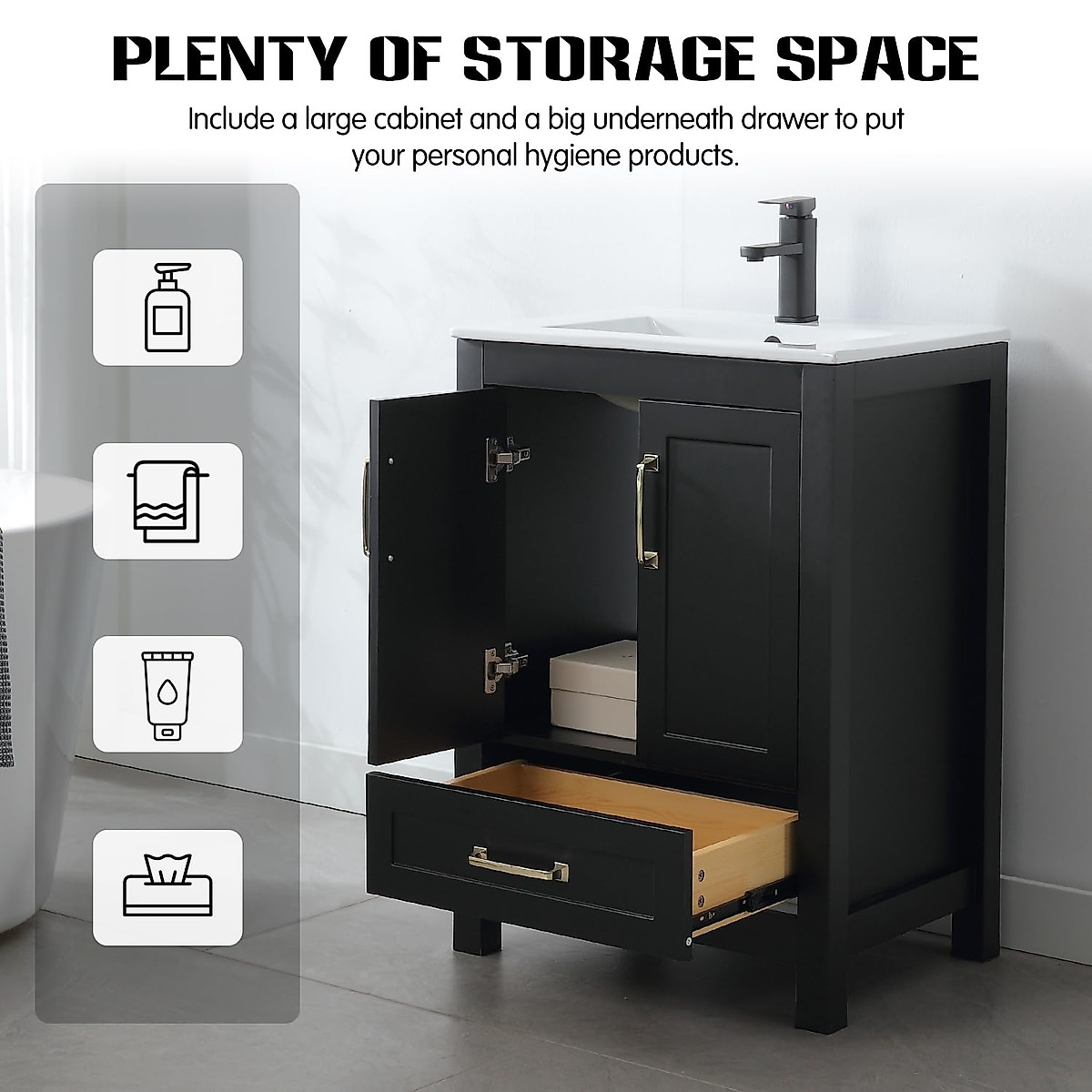 LUCKWIND 24” Bathroom Vanity with Sink, Modern Painted Bathroom Storage Cabinet with Ceramic Basin Sink Top, Faucet and Drawers Without Mirror, Black