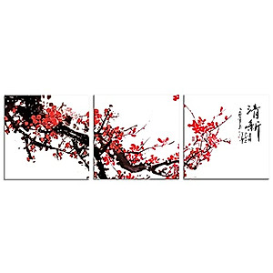 NAN Wind Small Size Traditional Chinese Painting of Red Plum Blossom Canvas Prints 3 Pcs Calligraphy Art Paintings Wall Art Poem Print Painting Framed 12x12inches 3pcs/set