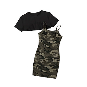 SweatyRocks Girl's 2 Piece Outfits Short Sleeve Crop Top Tee and Camo Print Cami Dress Set Black Green 10Y