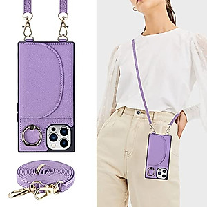 Lipvina for iPhone 13 Pro Max & iPhone 12 Pro Max Crossbody Wallet Case with Credit Card Holder,Lanyard Strap,360°Rotating Ring Kickstand,Flip PU Leather Girl's Phone Casas for Women Lady(Purple)