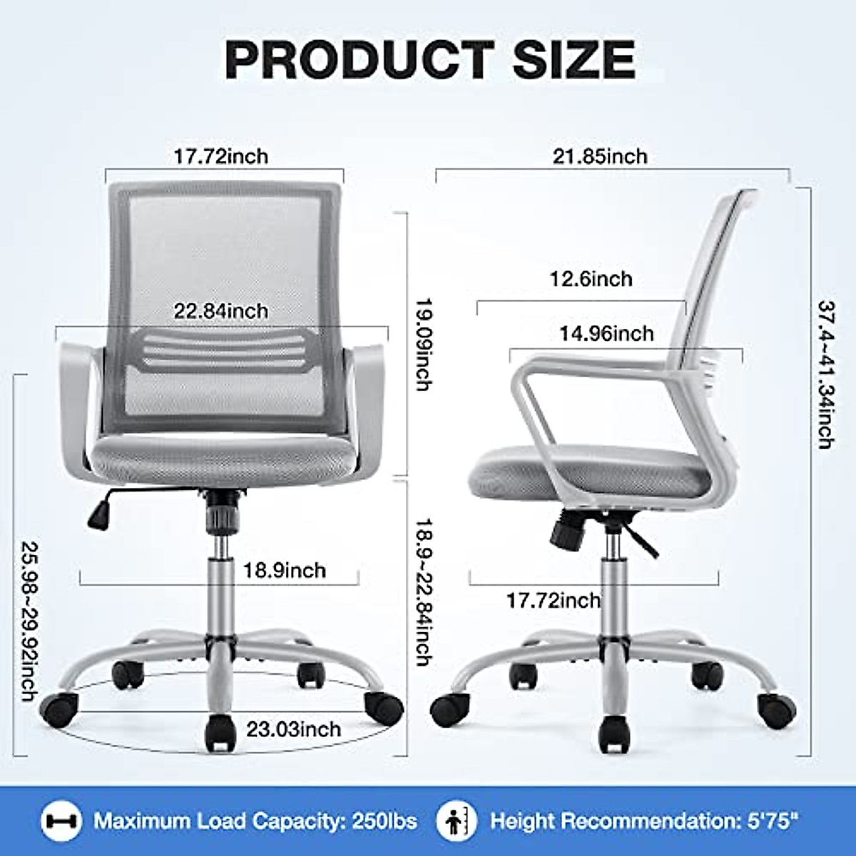 Office Chair - Ergonomic Office Chair Mid Back Office Desk Chair with Wheels Computer Chair with Lumbar Support Home Office Chair with Armrests for Adults, Grey