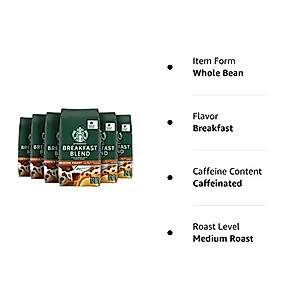 Starbucks Medium Roast Whole Bean Coffee — Breakfast Blend — 100% Arabica — 6 bags (12 oz. each)