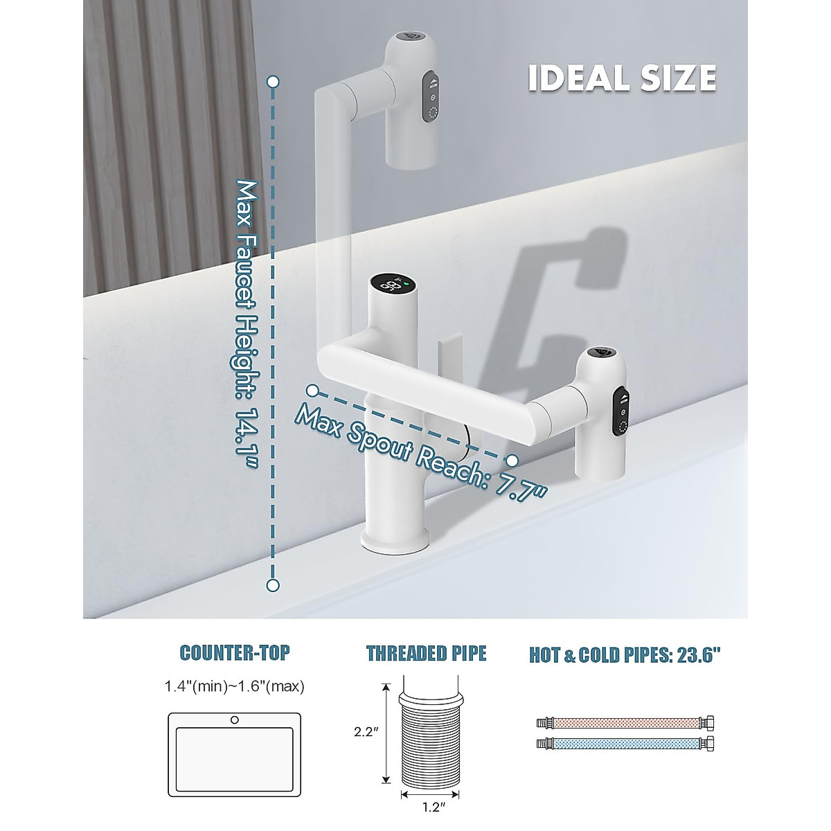 Lefton Rotatable Bathroom Faucet with Temperature Display in Fahrenheit (Batteries-Free), 3 Water Outlet Modes, White, BF2204-4
