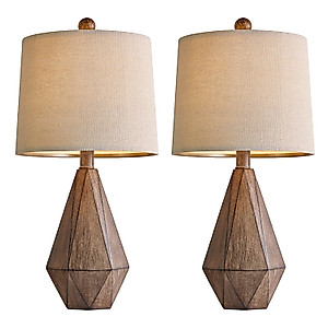 PoKat 20.25" Retro Farmhouse Table Lamp Set of 2 - Living Room & Bedroom Rustic Linen Bedside Nightstand Lamps for Kids, Study, Office - Resin, Suitable for Small Places