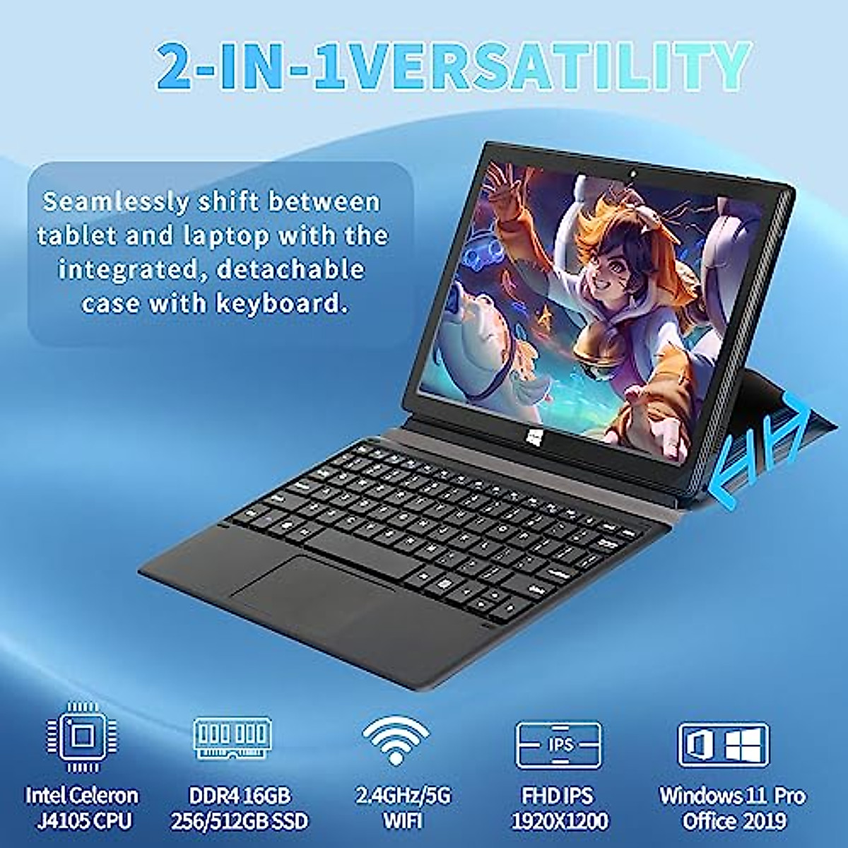 【MS Office 2019/Win11 Pro】2 in 1 Tablet 10.1" 1920x1200 IPS Screen Laptop Celeron J4105 CPU(Quad core)1.5~2.5Ghz,DDR4 16GB RAM 256GB SSD,Ultra-Light Portable Laptop/Camera 2MP+5MP(16G+256GB,Black)