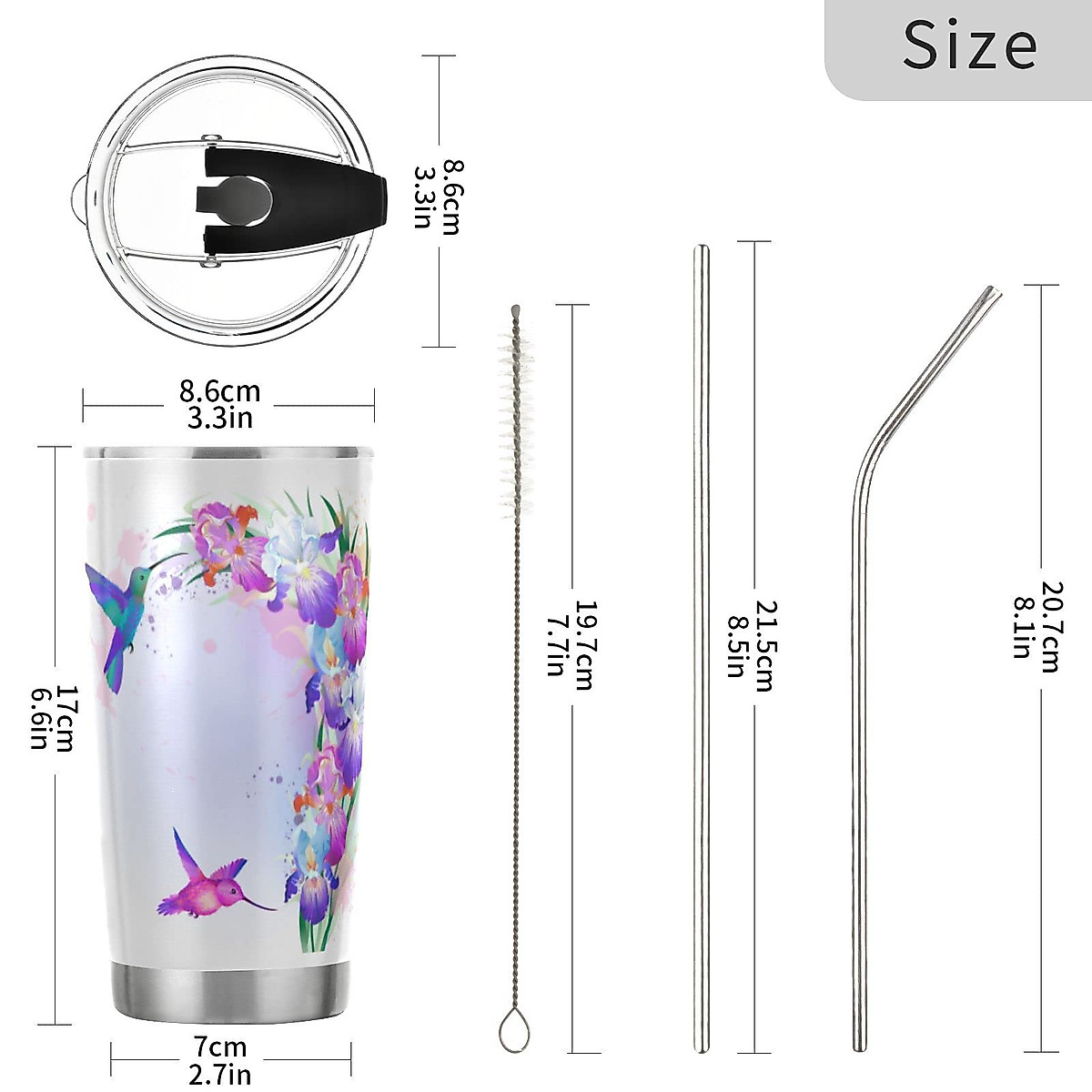 Bright Iris Flowers Hummingbirds Travel Mug Insulated Tumbler with Lid and Straw Spring Floral Beautiful Stainless Steel Vacuum Double Walled Drinking Cup Keeps Drinks Cold&Hot Water Bottle for Trave