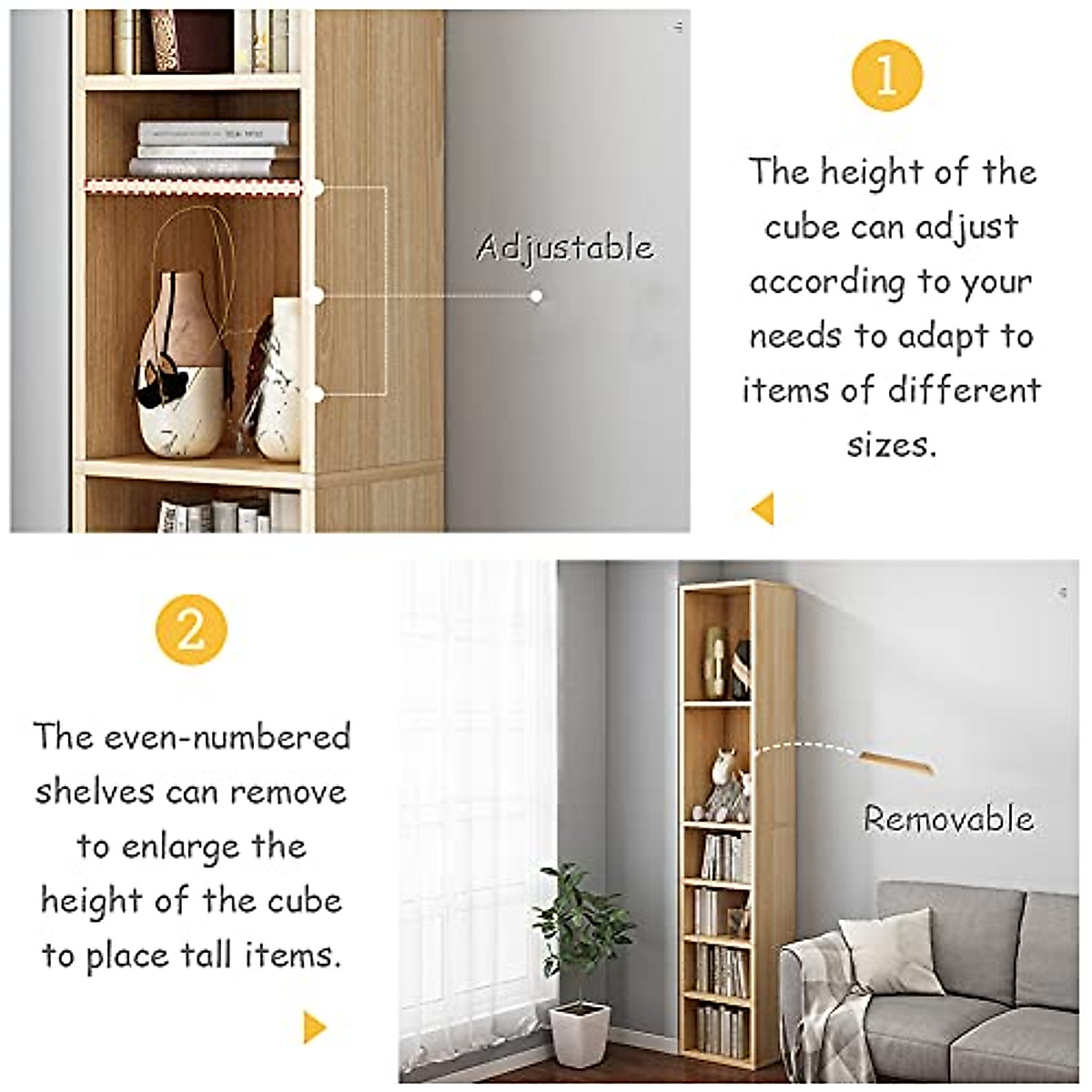 IOTXY Small Narrow Corner Bookcase - 71 Inches Tall Gap Freestanding Storage Cabinet, 8 Lattices Open Shelves Tower Rack, Cubes Bookshelf in Oak