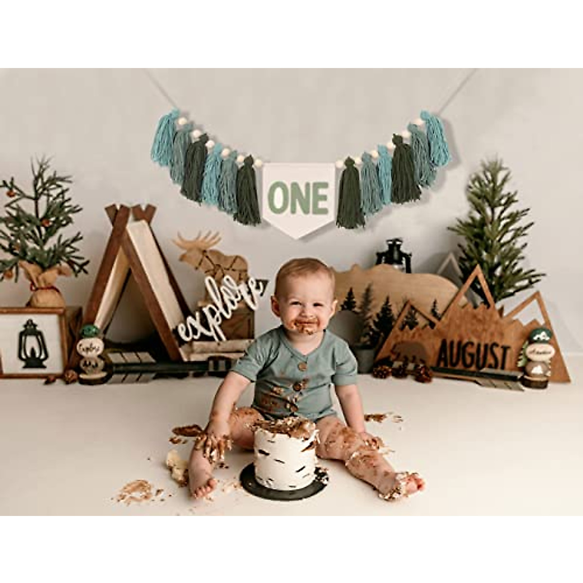 Greenery 1st Birthday High Chair Banner,Nature 1st Birthday Highchair Banner , One Birthday High Chair Banner , Tassel Bunting , Wooden Tassel Garland (Greenery 1st Birthday Banner Green)