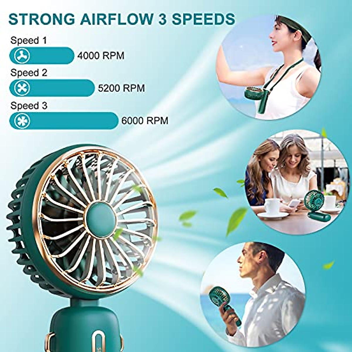 smartelf Handheld Fan, 4800mAh Battery Operated Mini Portable Personal Cooling Fan USB Rechargeable Wearable Hanging Neck Fans for Women Men, Multi-Functional, 6-20 Hours Strong Airflow 3 Speeds-Green