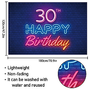 Glow Neon Happy 30th Birthday Backdrop Banner Decor Black – Colorful Glowing 30 Years Old Birthday Party Theme Decorations for Men Women Supplies