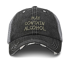 Custom Distressed Trucker Hat May Contain Alcohol Embroidery Cotton for Men & Women Strap Closure Black Gray Design Only