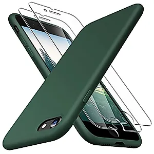 TOCOL 3 in 1 for iPhone SE Case 2020/2022, iPhone 8/7 Case, with 2 Pack Screen Protector, Slim Liquid Silicone Shockproof Phone Case 4.7 Inch, [Anti-Scratch] [Drop Protection], Alpine Green