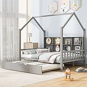 YOPTO Full Size House Bed with Trundle,Pine Wood Playhouse Bed Frame W/Storage Shelf,Front and Rear Guardrails,No Box Spring Needed,Easy Assembly,for Kids,Boys,Girls