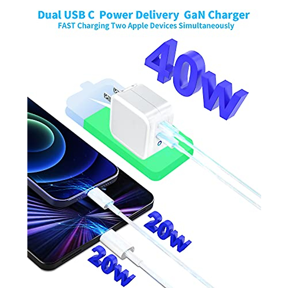 [Apple MFi Certified] iPhone Fast Charger, GEONAV 40W Dual USB C Foldable GaN Charger, 2-Port 20W Power Delivery Quick Charger with 2Pack 6FT Type C to Lightning Sync Cable for iPhone/iPad/AirPods Pro