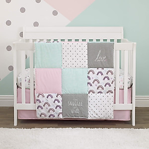 Carter's Unicorn Snuggles Pink, Aqua, Grey 4Piece Nursery Crib Bedding Set - Comforter, 100% Cotton Crib Sheet, Dust Ruffle, Changing Pad Cover, Pink, Aqua, Grey,