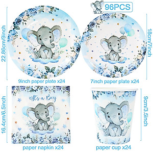 Boy Elephant Baby Shower Decorations Plates - Blue Elephant Plates Disposable Cups,Napkin with Blue flowers for 24 Elephant Theme Party Supplies,Baby Shower Wedding Birthday Party