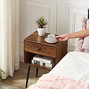 VECELO Nightstand Set of 2 Easy Assembly, 2-Tier Modern Night Stand/Side Table with Drawer and Storage Shelf for Small Places, Bedroom, Living Room, 23.6 Inch, Brown