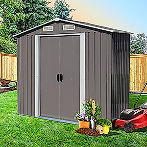 kinbor 6' x 4' Outdoor Storage Shed Garden Shed - Galvanized Metal Utility Tool Storage with Air Vents and Door for Backyard Lawn Patio, Grey