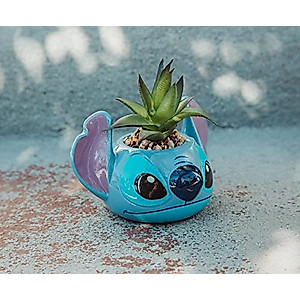 Disney Lilo & Stitch 3-Inch Ceramic Mini Planter with Artificial Succulent | Small Flower Pot, Faux Indoor Plants for Desk Shelf, Home Decor Trinket Tray and Collectibles (Blue, One Size)