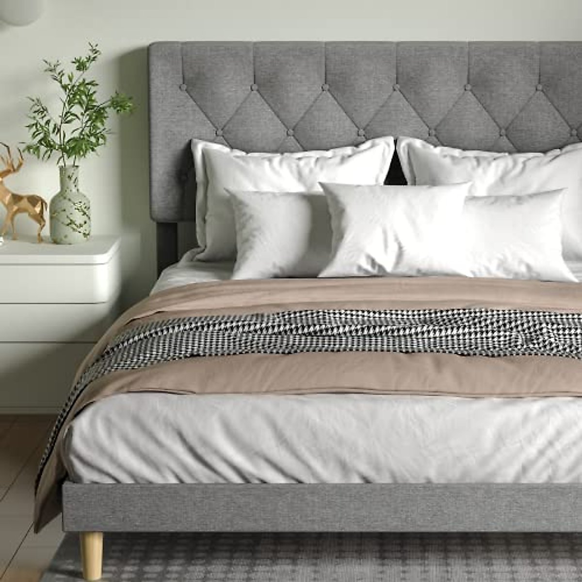 SunsGrove Queen Size Bed Frame with Button Tufted Headboard, Strong Wood Slat Support, Mattress Foundation, No Box Spring Needed, Easy Assembly, Queen Upholstered Platform Bed Frame in Gray Fabric