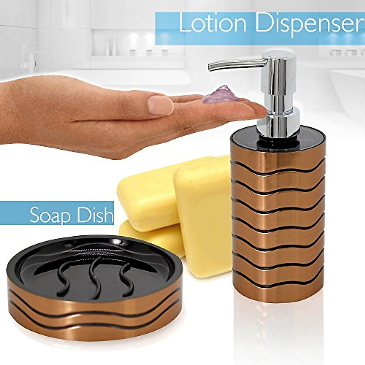 SereneLife 6 Piece Bathroom & Sink Accessory Set - Bronze Finish Modern Vanity Accessories Kit Include Tumbler, Toothbrush & Toilet Brush Holder, Lotion Dispenser, Soap Dish & Trash Bin - SLBATAC05