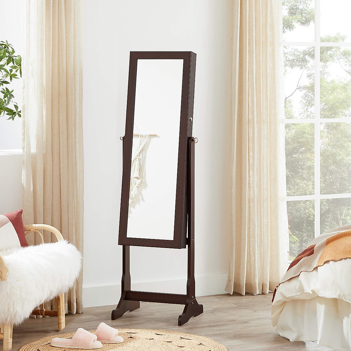 SONGMICS Jewelry Cabinet with 6 LED Lights, Lockable Mirrored Jewelry Armoire Organizer, 2 Drawers, Brown UJJC94K