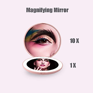 WOBANE LED Travel Makeup Mirror, 3.5 inch Lighted Compact Mirror, 10X Magnification, Handheld, Double Sided, Portable Folding Mirror for Pocket, Purse, Gift, Pink, Round