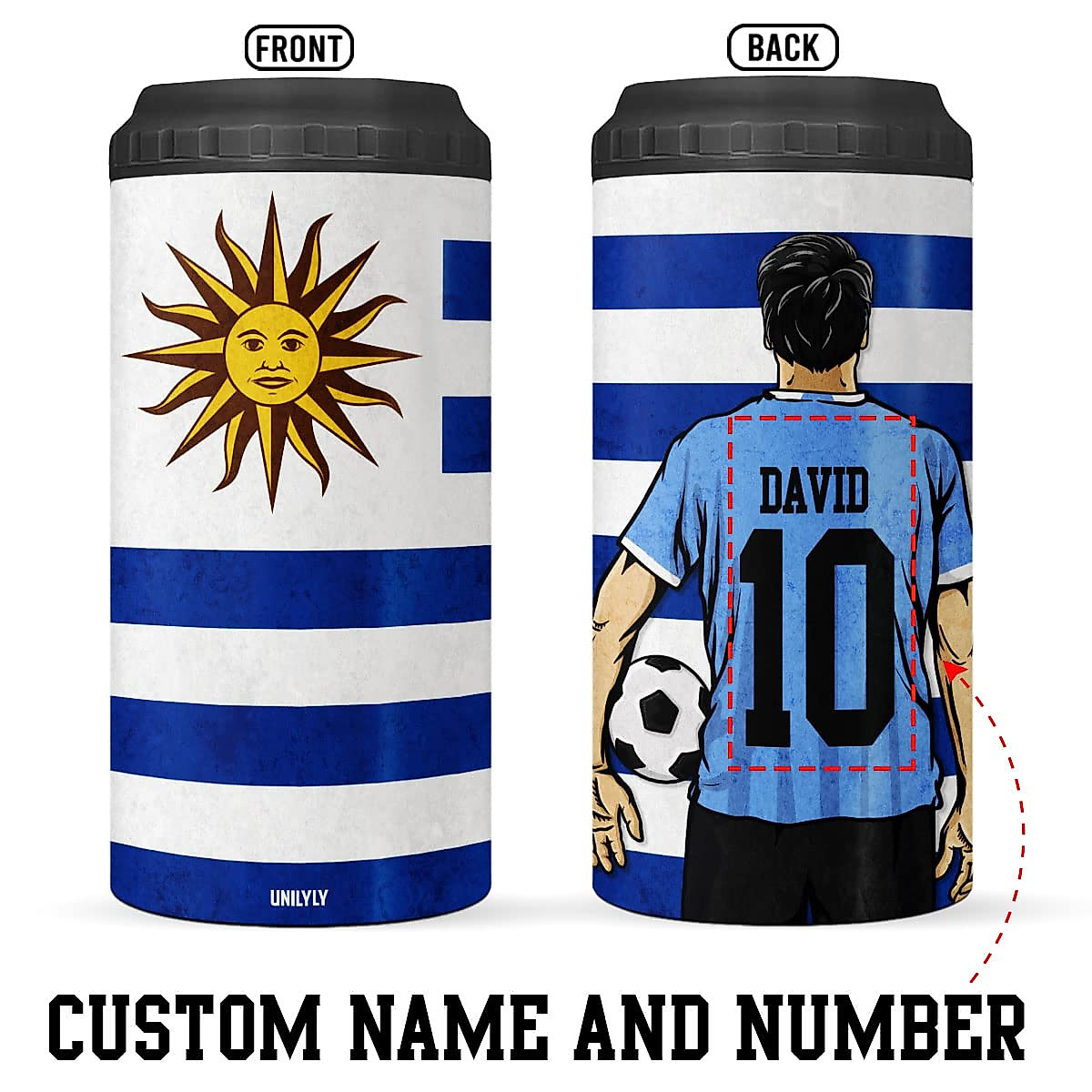 UNILYLY Personalized Uruguay Soccer Can Cooler Stainless Steel Custom Name Thermal Cup Boys National Sports Team Gifts For Fan Slim Cans Beer Bottle Holder Insulated Drink Tumbler