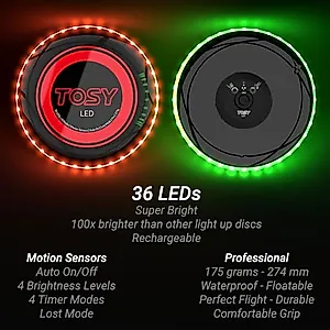 TOSY Flying Disc - 36 LEDs, Extremely Bright, Smart Modes, Auto Light Up, Rechargeable, Cool Valentine, Easter, Birthday & Camping Gift for Men/Boys/Teens/Kids, 175g Frisbee