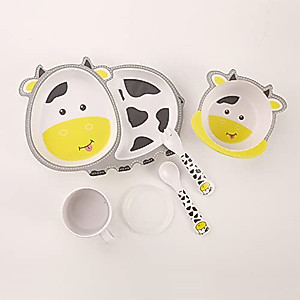Fekdod Kids Dinnerware Set Bamboo 5 Pcs with Plate Bowl Cup Fork Spoon (Cow)