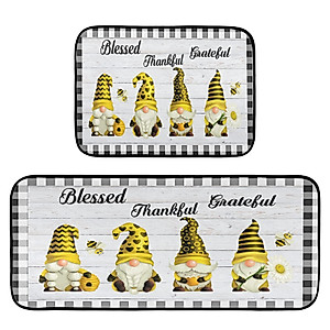 ZOEO Kitchen Mats Gnomes Set of 2 Bee Sunflower Farmhouse Floor Rug Memory Foam Shower Runner Absorbent Non Slip Light for Home Hotel Door Laundry Thick Soft Washable