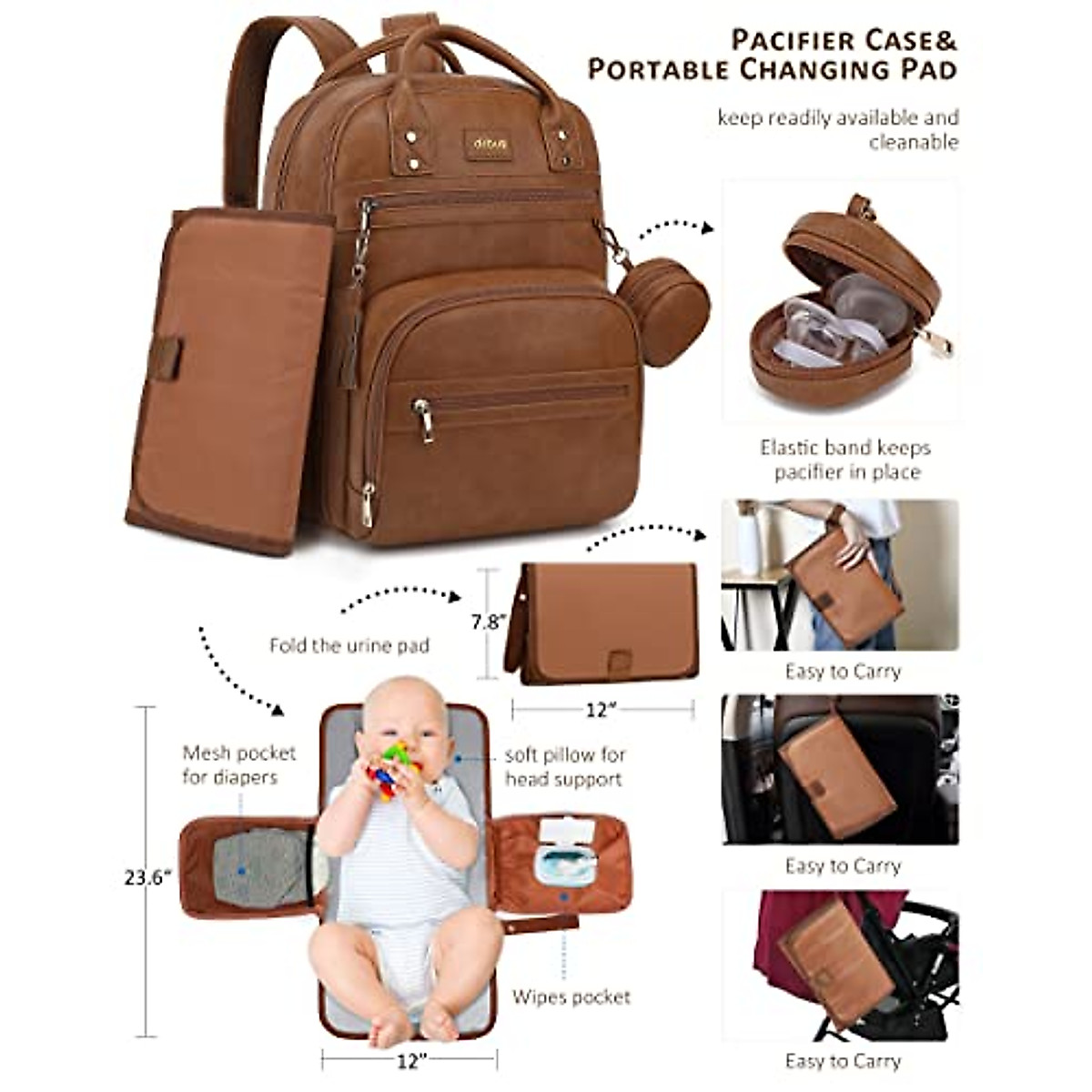 Leather Baby Diaper Bag Backpack with Portable Travel Changing Pad Girl Boy, Large Dad Brown Diaper Bags Pacifier Case Stroller Straps, Baby Registry Search Shower Gifts Stuff Newborn Must Haves