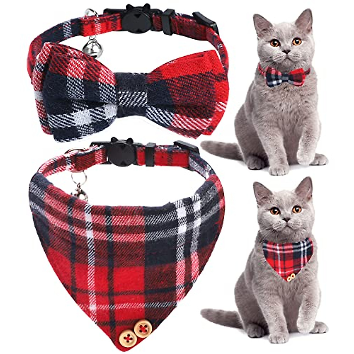 Cat Collar Breakaway with Bow Tie and Bell,2 Pcs Classic Design Adjustable from 7.5-10.8Inch Safety Cat Collar Bells Set,Comfortable Kitten Collar with Removable Bowtie For Cat Kitten(Red bow+bandana)