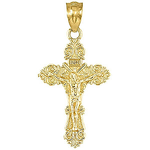 Religious Jewelry 10KT Yellow Gold 1" Floral INRI Crucifix Pendant Charm