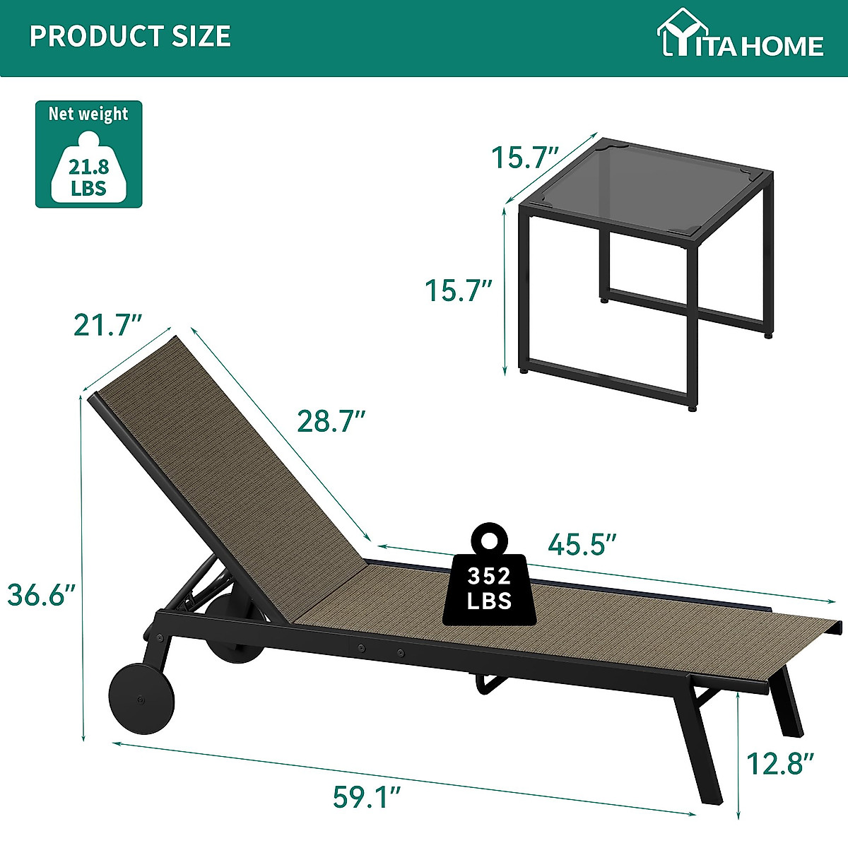 YITAHOME Patio Chaise Lounge Set of 3, Outdoor Lounge Chairs with Side Table, Adjustable Backrest Poolside Loungers with Wheels for Pool Beach Patio Lawn Porch - Brown